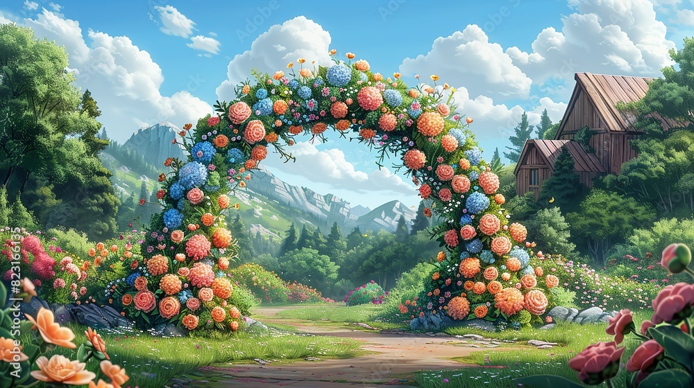 Summer Time, Spring Flower Arch at Camp Entrance: An illustration of a ...