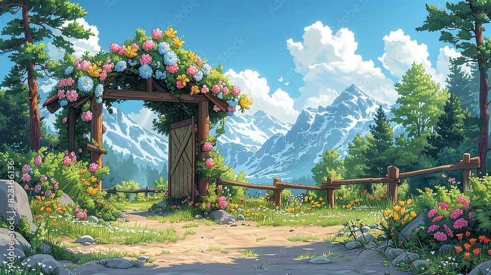 Summer Time, Spring Flower Arch at Camp Entrance: An illustration of a ...