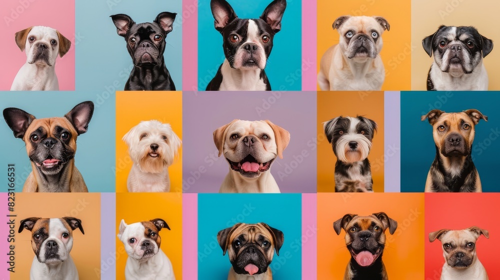 Various dog breeds collaged against multicolored background. Marketing ...