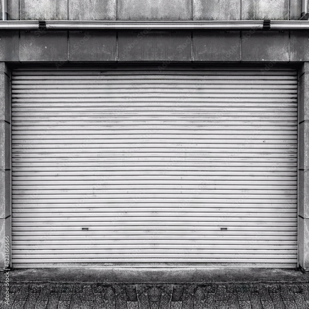 Closed steel shutter door of warehouse, storage or storefront for metal ...