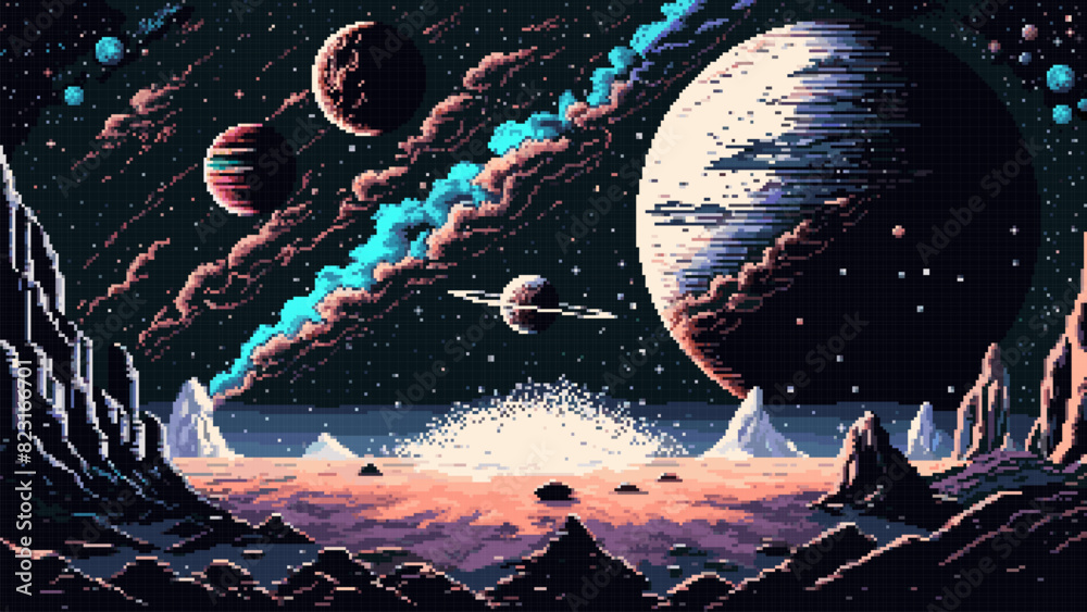 Generative ai solar system, milky way galaxy stars and planets landscape. 8Bit pixel art game ...