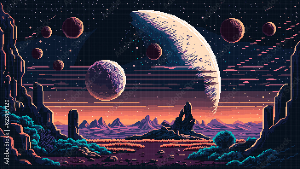 Generative AI. Alien space planet surface landscape. 8 bit pixel art ...