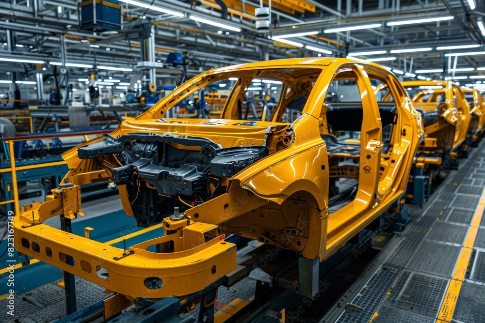 Car assembly line in a modern automobile factory with yellow car frames ...
