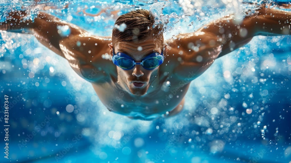 This dynamic image features a young man swimming freestyle stroke in ...