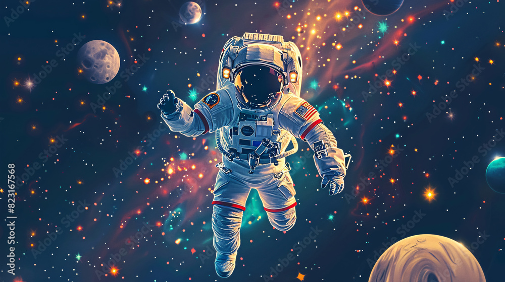 Attractive astronaut on a mission, with a glowing purple space ...