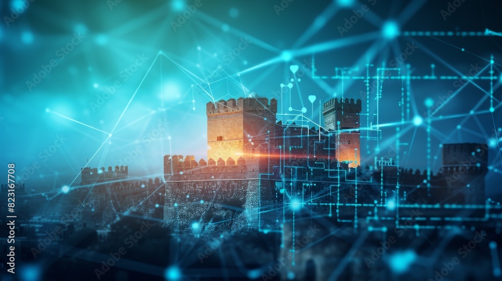 This digital artwork blends a historic castle structure with a vivid ...