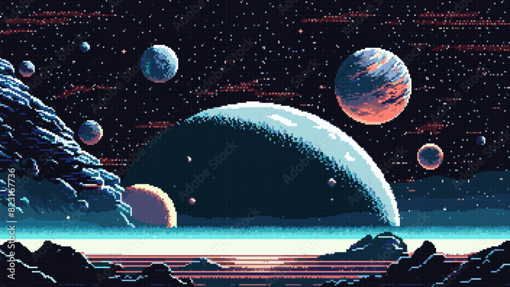 Generative ai. Alien galaxy stars and space planet surface landscape ...