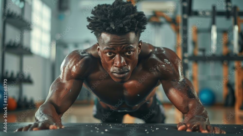 Lean fit muscular sportsman doing pushups at home gym, staying healthy ...