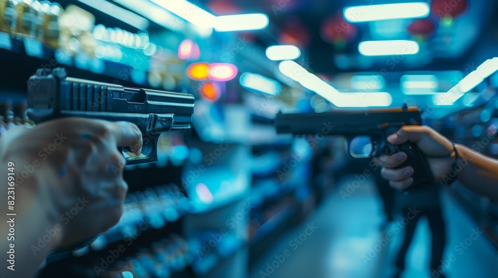 Mockup of a video game store and gameplay concept. Guns being bought in ...