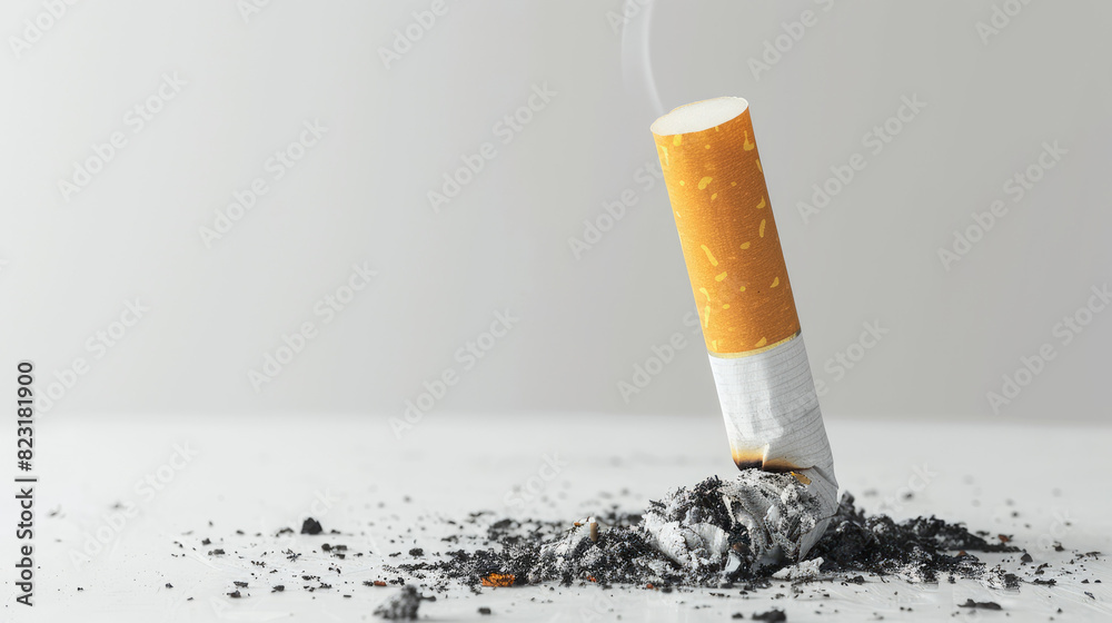 Cigarette butt on white. World No Tobacco Day. Smoking harms your lungs ...