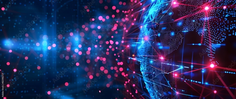 Blue background with glowing pink and blue connections forming the ...