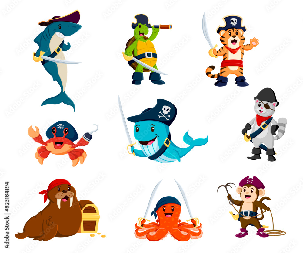 Cartoon funny sea pirate animal characters, captain and corsairs ...