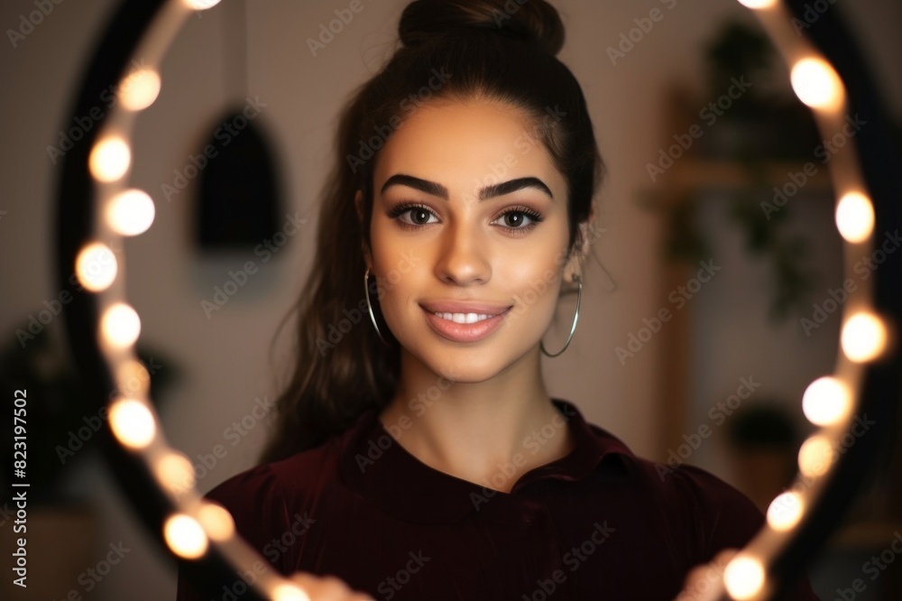 beautiful female vlogger seen through ring light at home Stock Photo ...