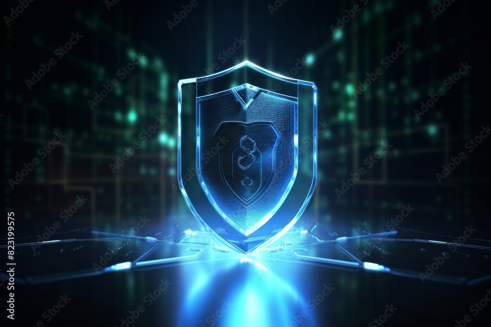 digital shield icon hologram on future tech background. security and ...