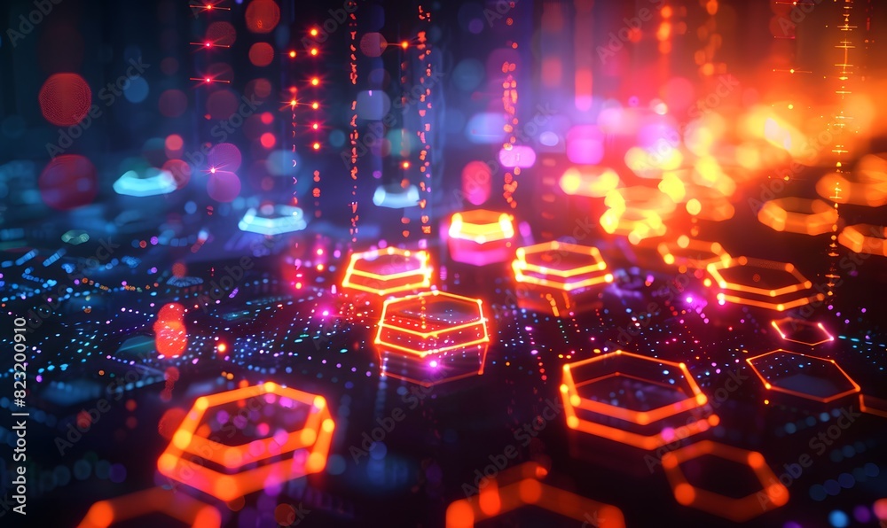 glowing hexagons representing data points and information clusters ...
