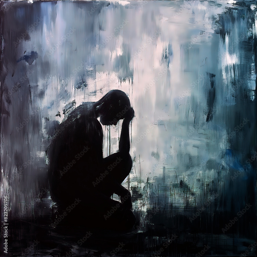 Evocative abstract painting depicting a lone figure immersed in deep ...