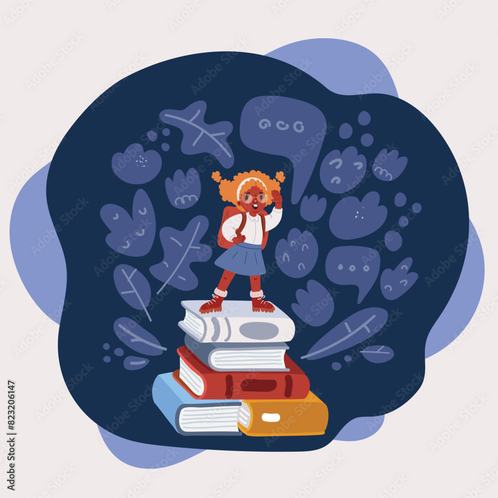 Cartoon vector illustration of girl stand on pile of books and read ...