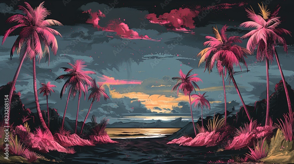 Wallpaper Illustration, Pink Palm Trees on a Black Beach: A stylish ...