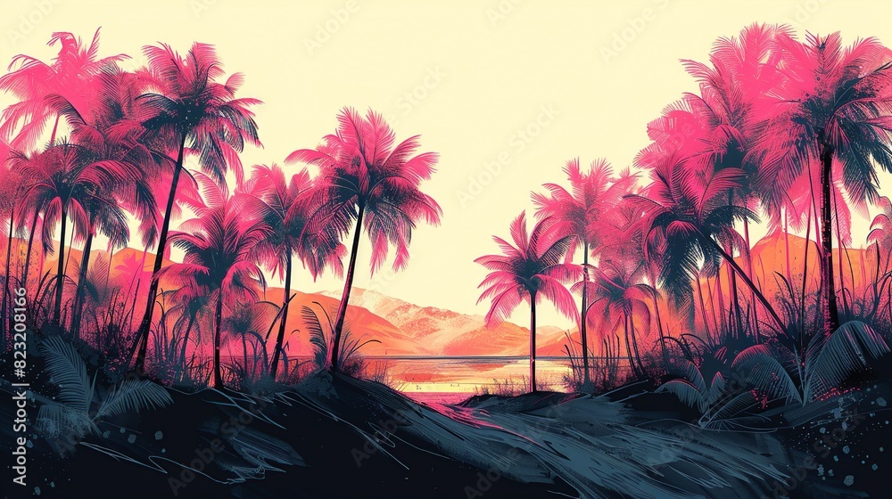 Wallpaper Illustration, Pink Palm Trees on a Black Beach: A stylish ...