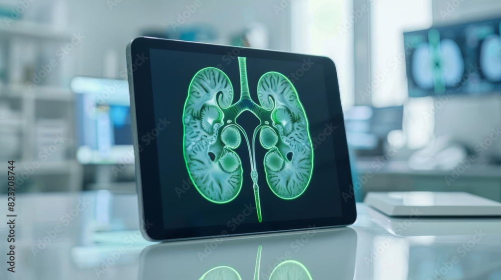 3D illustration of a computed tomography scan of a human kidney. The ...