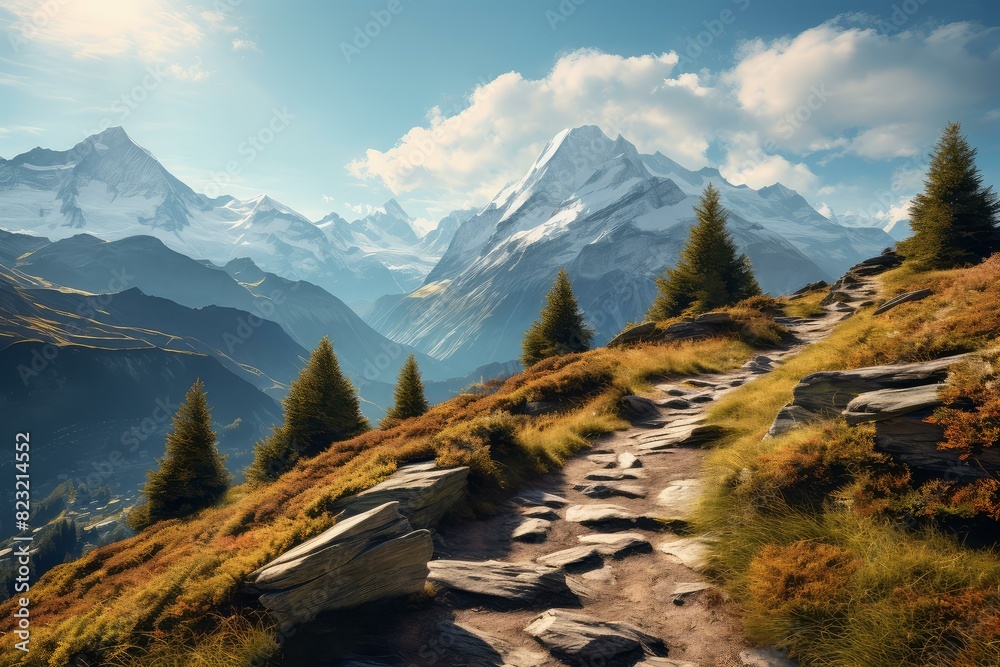 Serene Swiss alps path landscape. Nature grass. Generate Ai Stock Photo ...