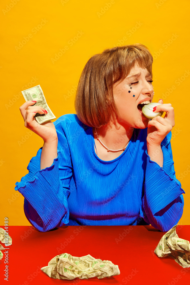 Portrait of young girl with makeup holding dollar money, crying and ...
