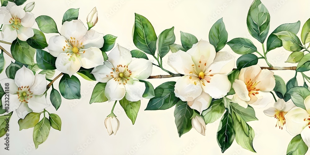 Watercolor painting of jasmine flowers in a botanical corner border ...