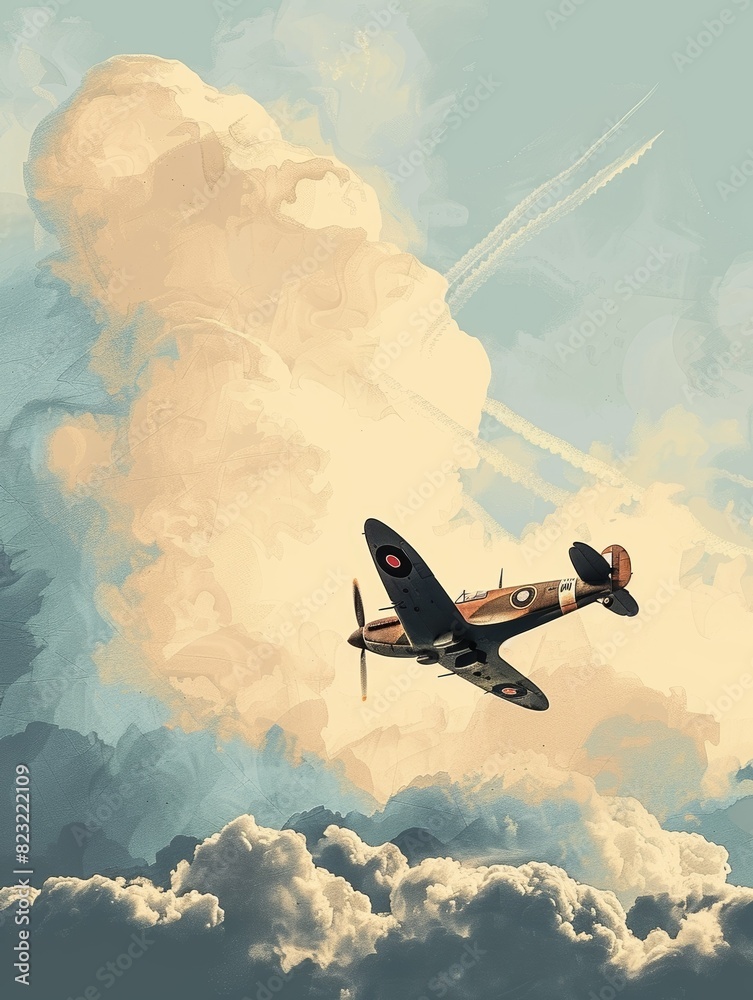 illustration of a world war II spitfire war airplane flying Stock ...