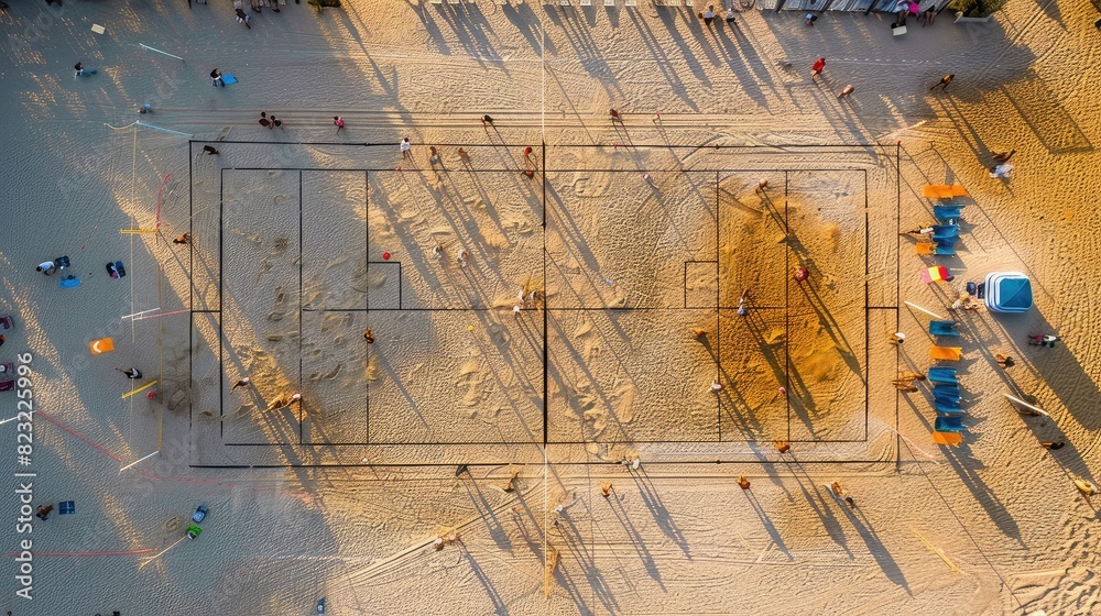 Aerial view of a beach volleyball court with players competing in a ...