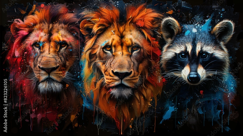 Three panels of wall art depicting a lion, a monkey, a raccoon and a ...