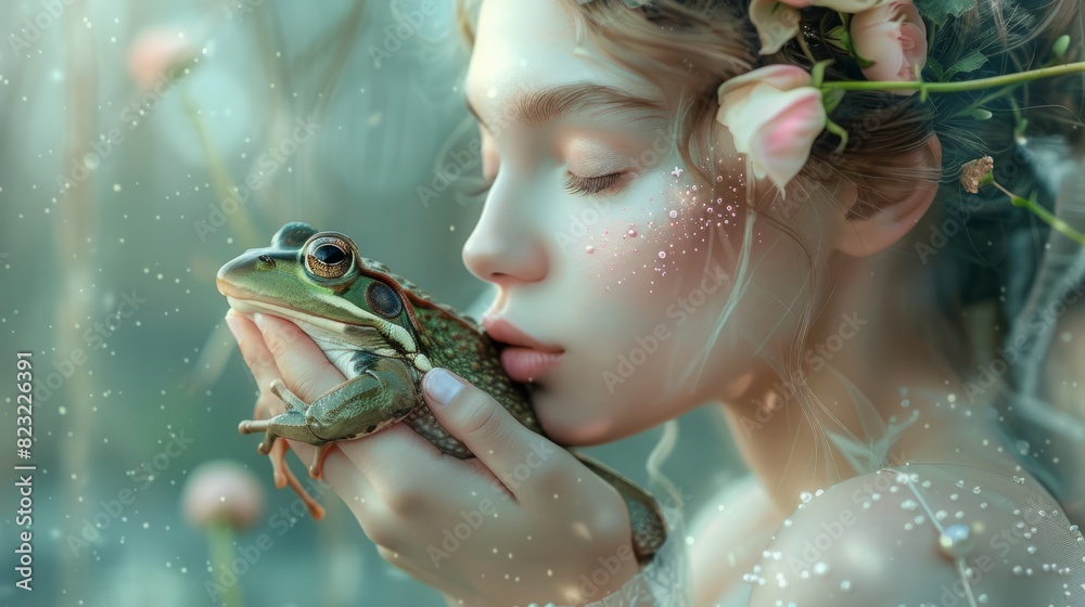 Enchanting fairy tale scene with a woman kissing a frog prince, evoking ...