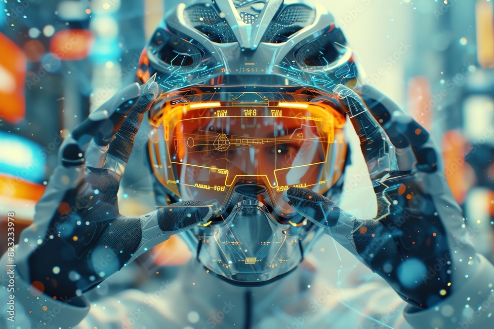 Futuristic helmet with integrated GPS and holographic displays, paired ...