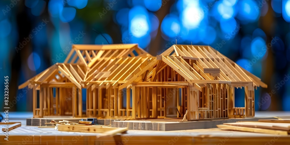 New wooden house framework with roof trusses being constructed. Concept ...