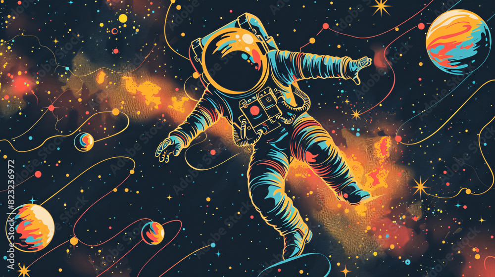 Vector art of a spaceman floating near a satellite, with Earth visible ...
