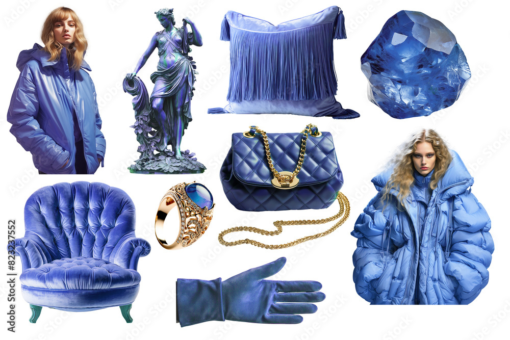Set of blue fashion outfit model and objects on png background. Ideal ...
