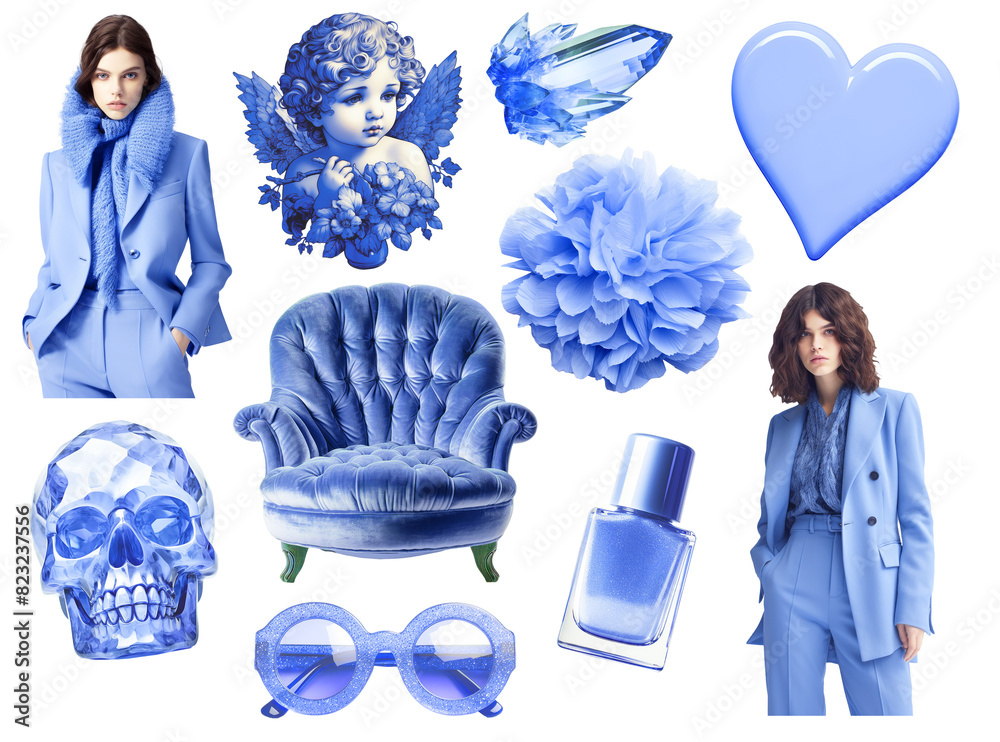 Set of blue fashion outfit model and objects on png background. Ideal ...