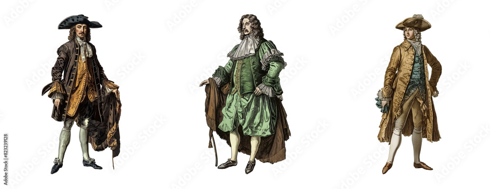 Three 17th-century European gentlemen in traditional costumes isolated ...