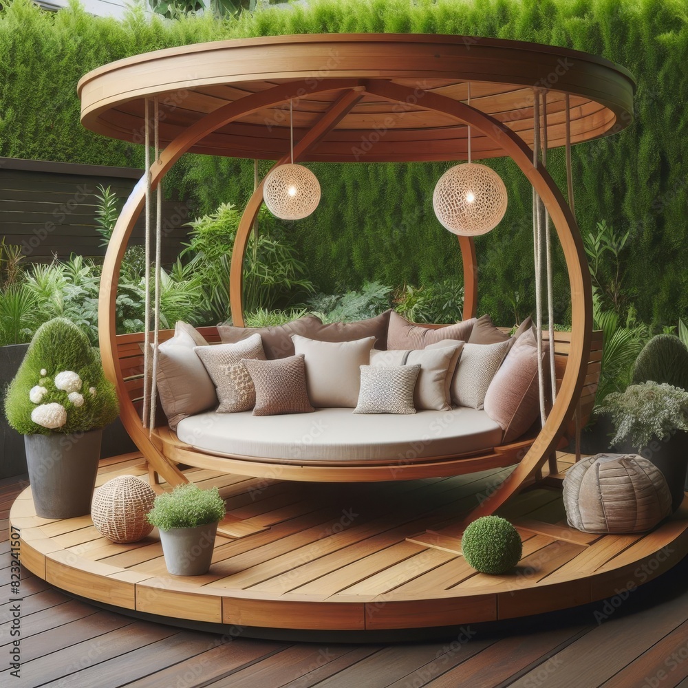 A contemporary outdoor daybed in a lush garden setting, featuring a ...