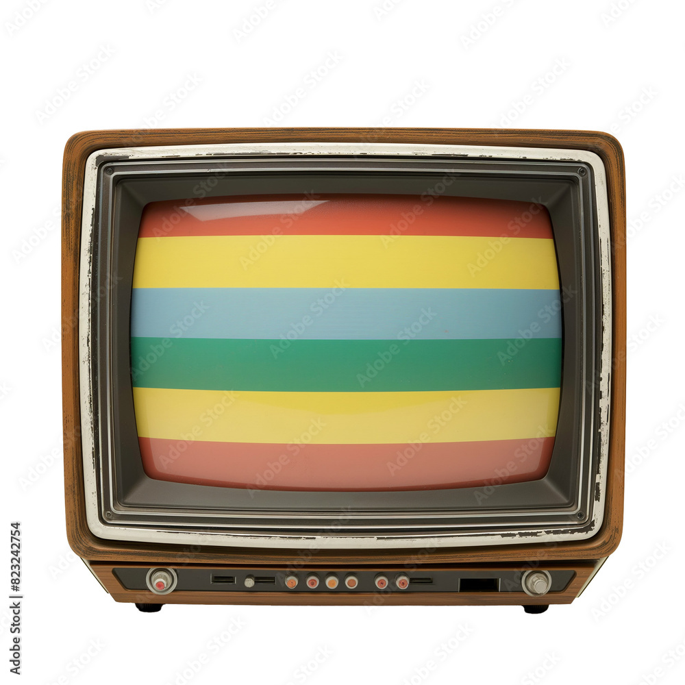 Vintage television with colorful test pattern screen isolated on a ...