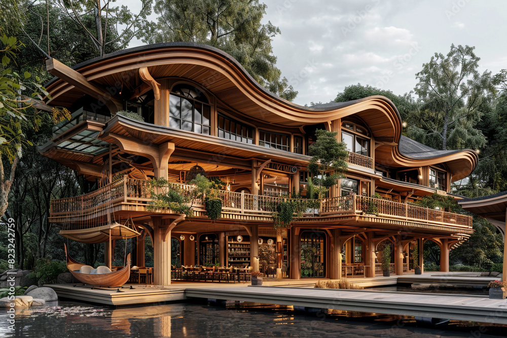 Visualize an aweinspiring wooden architectural edifice, home to a ...