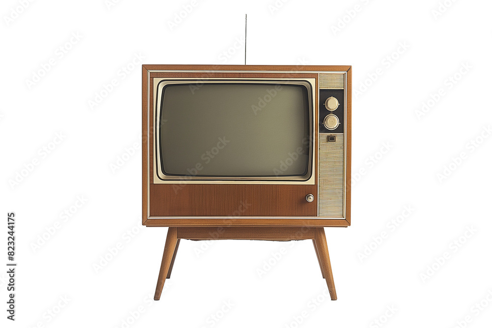 Vintage television with wooden cabinet and antenna isolated on a ...