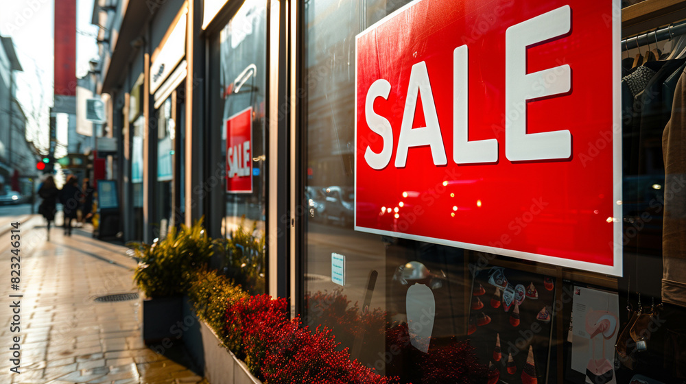 Picture of shop at fashion store window display with text SALE on red ...