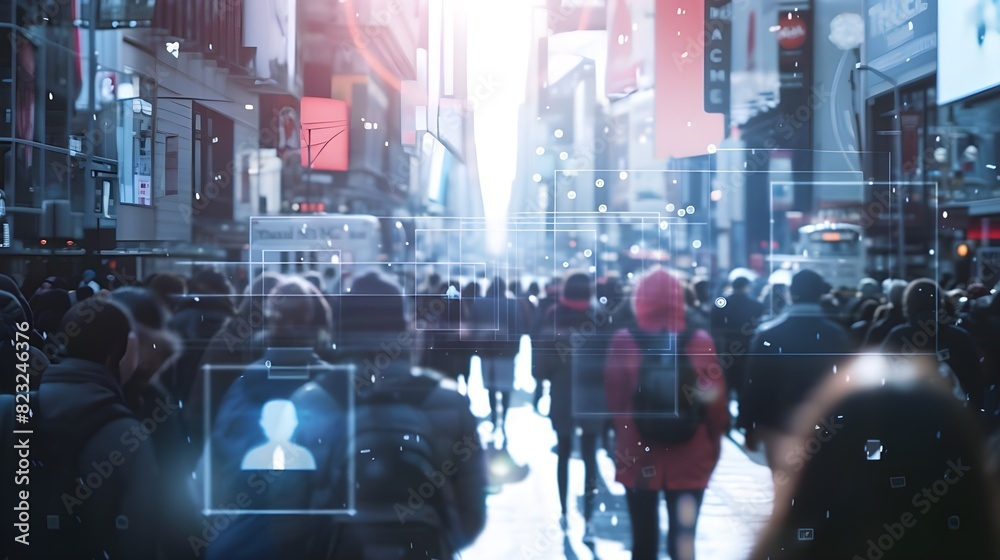 Espionage and data collection. Surveillance camera of a crowd of people ...