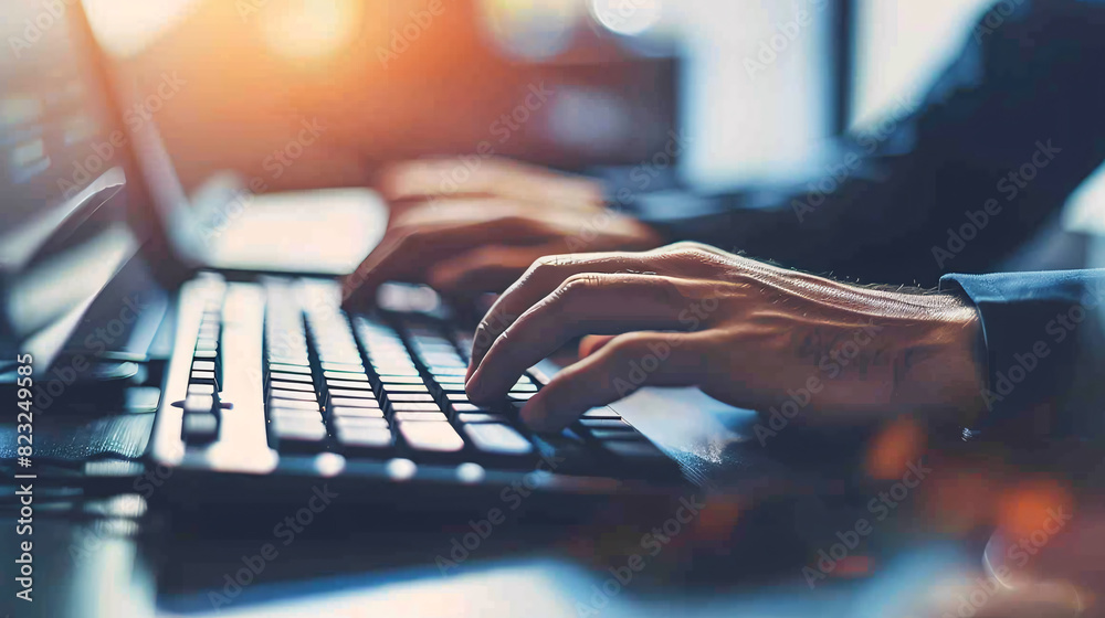 Hands type swiftly on computer keyboard in a bustling work environment ...