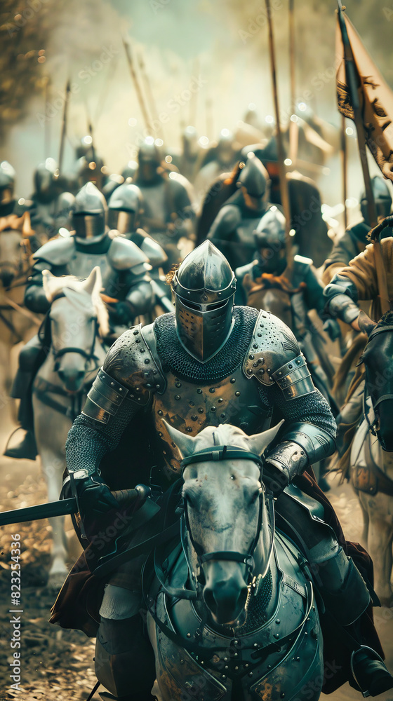 A cinematic still of medieval knights in armor charging into battle Stock Photo | Adobe Stock