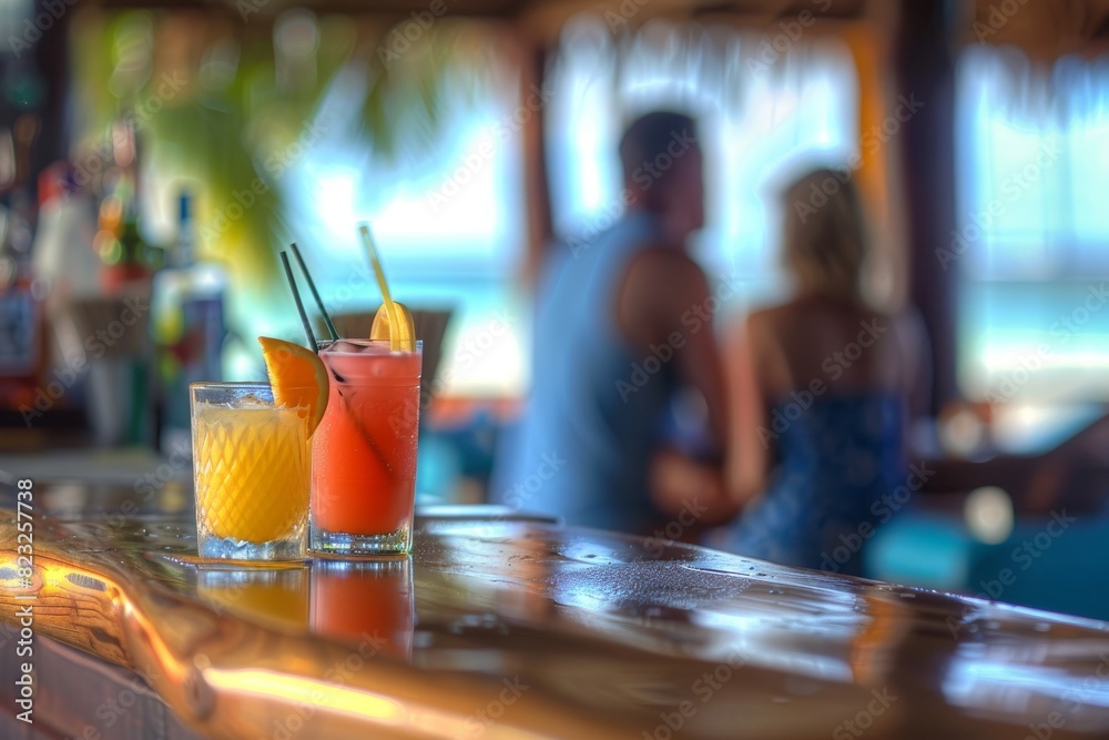 Beach Bar Counter with Color Drinks, Happy Couple Ordering Two ...