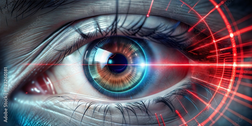 Data eye with laser ray. Abstract photo of eyes with technical ...