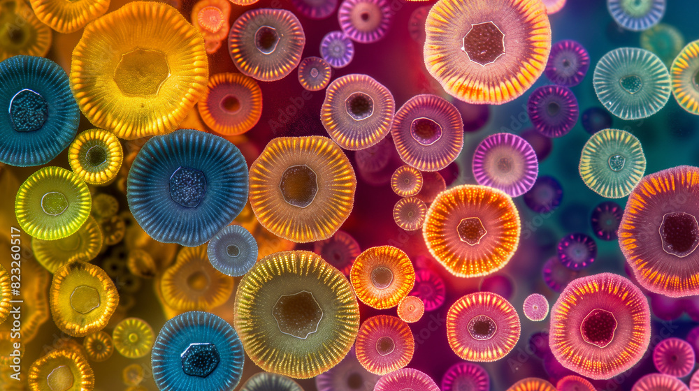 Pollen grains magnified under a microscope, showing detailed structures ...