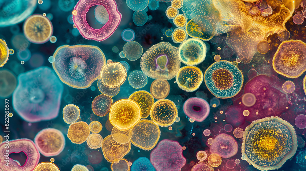Pollen grains magnified under a microscope, showing detailed structures ...