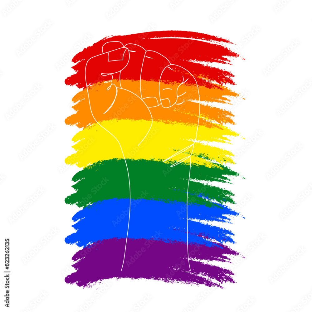 Continuous line drawing of rainbow colored strong fist raised up. Human ...